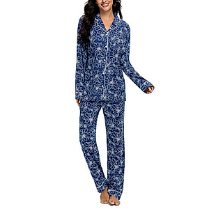 Tugege Pajamas Set Long Sleeve Sleepwear Womens Button Down Nightwear Pj Sets (Deep Blue Peony, XX-Large)