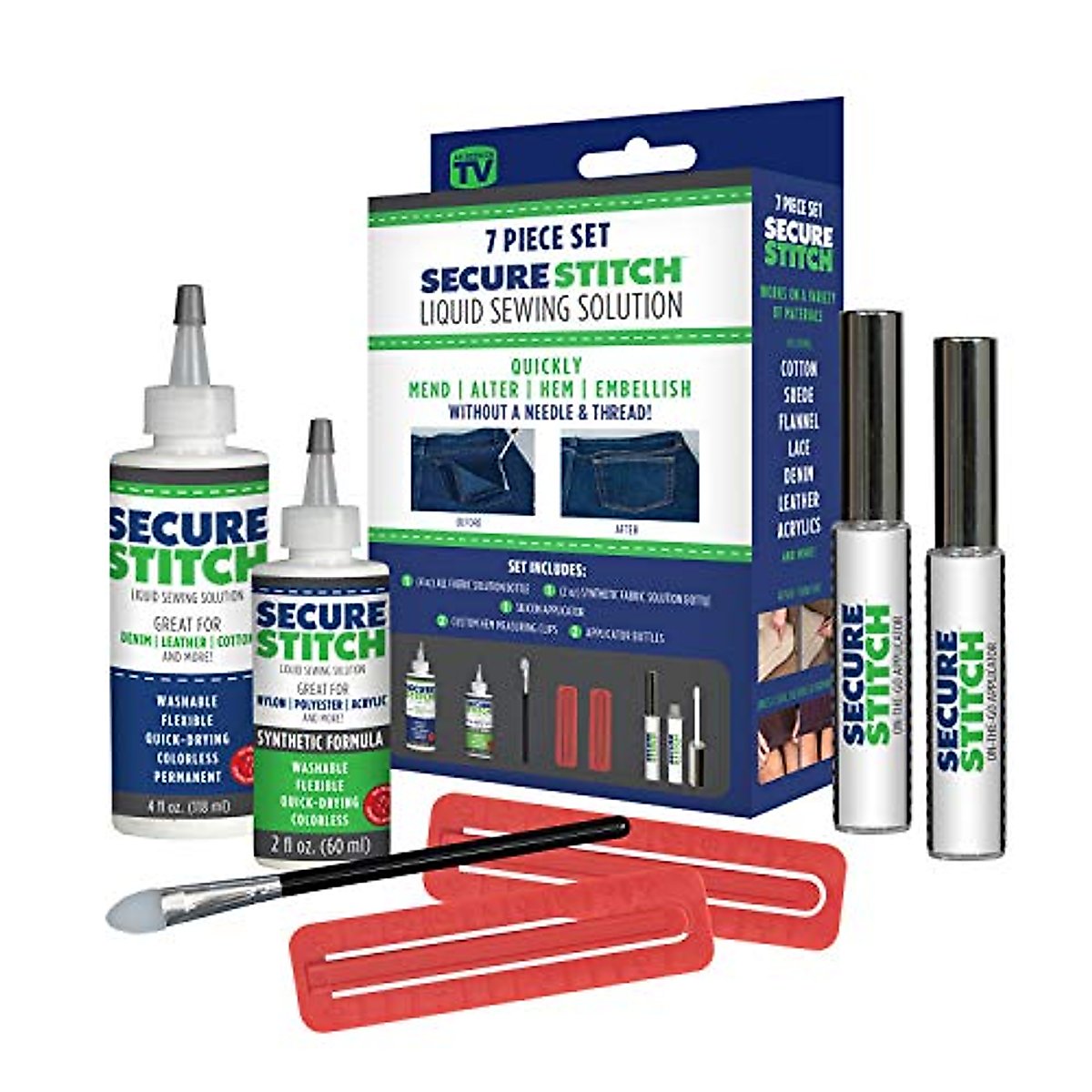 Secure Stitch Liquid Sewing Solution Kit! Fabric Glue That Quickly Mends, Alters, Hems & Embellishes Without a Needle and Thread! Includes: 4oz.Fabric Solution & 2oz All Fabric Solution