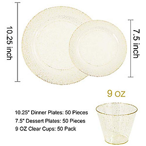 DaYammi 350 Pieces Gold Glitter Dinnerware Set 50 Guest for party- 50 Dinner Plates, 50 Dessert Plates -50 Per Rolled Napkins with Gold Cutlery - 50 Disposable Cups 9 OZ