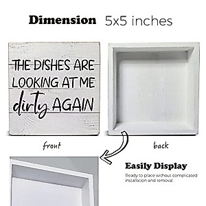 the Dishes are Looking at Me Dirty Again Wooden Box Sign Desk Decor, Kitchen Quote Wood Box Sign for Home Shelf Table Decoration 5 X 5 Inch