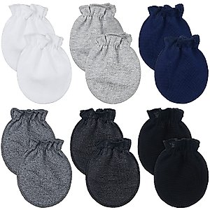 6 Pairs Newborn Baby Mittens No Scratch Infant Gloves Mitten for Baby 0-6 Months (White, Light Grey, Black, Medium Grey, Black Grey, Navy Blue)