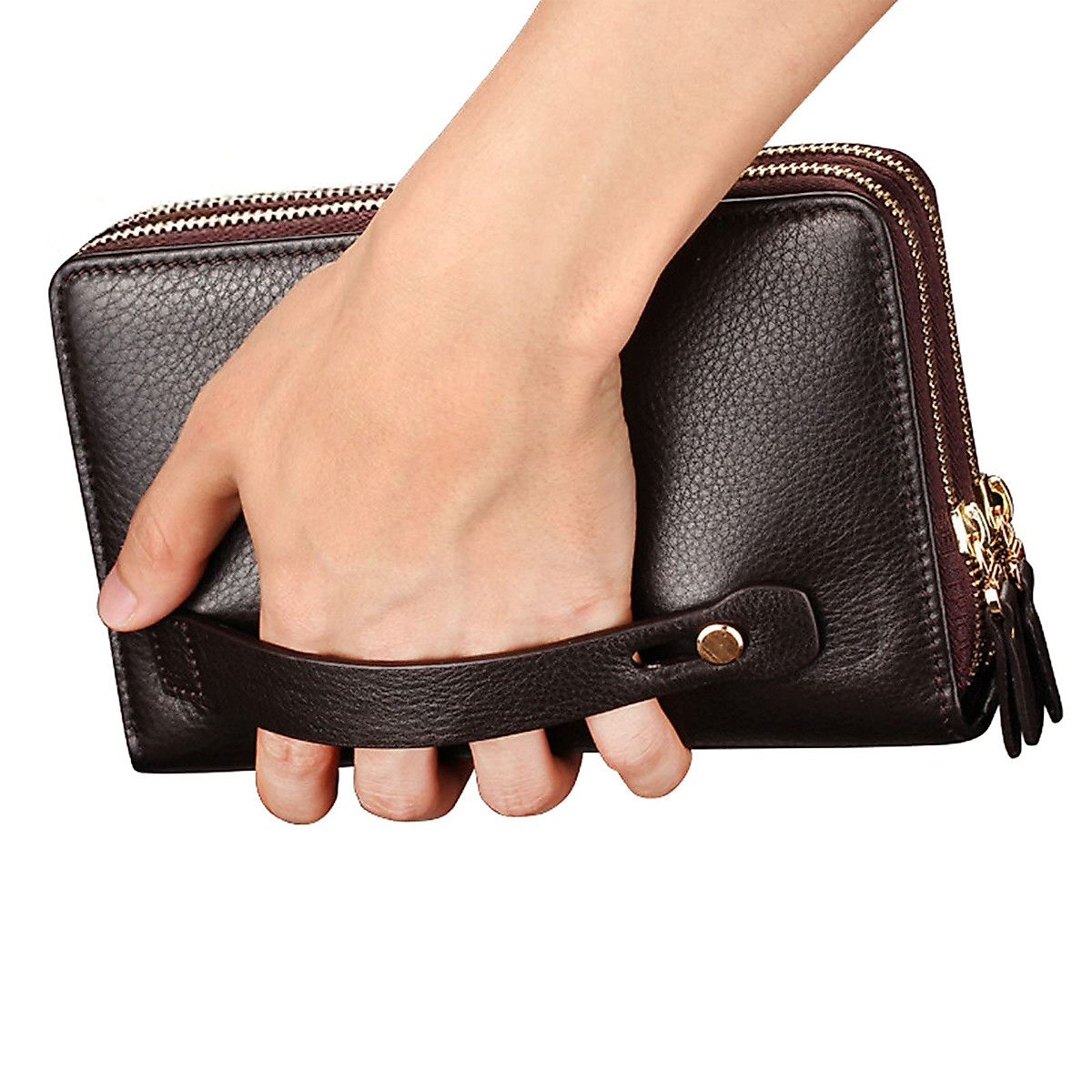 SUMGOGO Large Clutch Handbag Leather Zipper Around Wallets Wristlet Card Business Phone Wallet Case for Women Men (A-Brown)