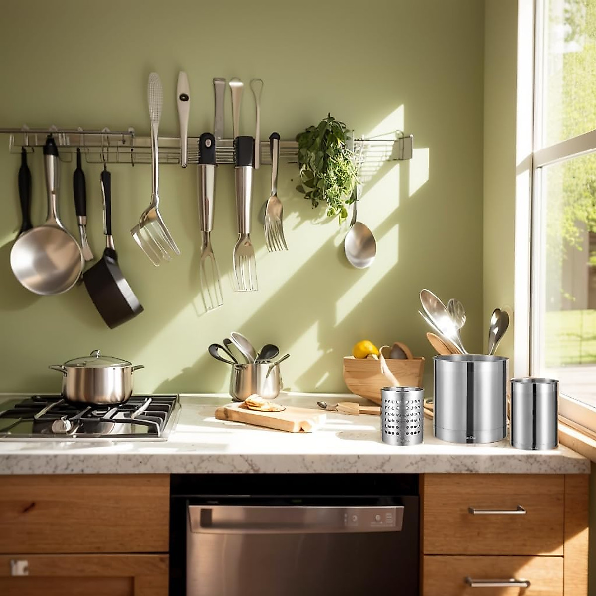 KSENDALO Jombo Steel Holder Utensil Crock 7inch Tall,Utility Sturdy Heavy Large Utensils Holder Stainless Silverware Holder for Kitchen Home and Office…