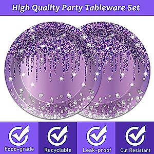 48 PCS Purple Silver Plates for Glitter Diamonds Happy Birthday Decorations Purple and Silver Birthday Theme Dessert Plates for Girls Women Purple Dinner Plate Glitter Diamonds Birthday Party Supplies