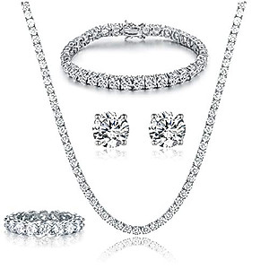 Gemsme 18K White Gold Plated Tennis Necklace/Bracelet/Earrings/Band Ring Sets Pack of 4 (10)