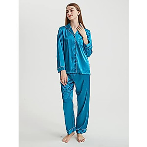 Honypove Silk Pajamas for Women Long Sleeve Satin Womens Pajama Sets Two-piece Button-Down Sleepwear Pjs (Small, Green)