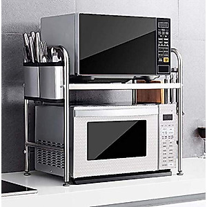 Double Stainless Steel Microwave Oven Rack/Kitchen Desktop Oven Shelf/countertop Rice Cooker Storage Shelf / 6 Hooks/can Bear 20KG