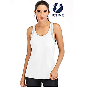 ICTIVE Women's Mesh Racerback Tank Top - Loose Fit Yoga, Gym, Running Activewear, White M