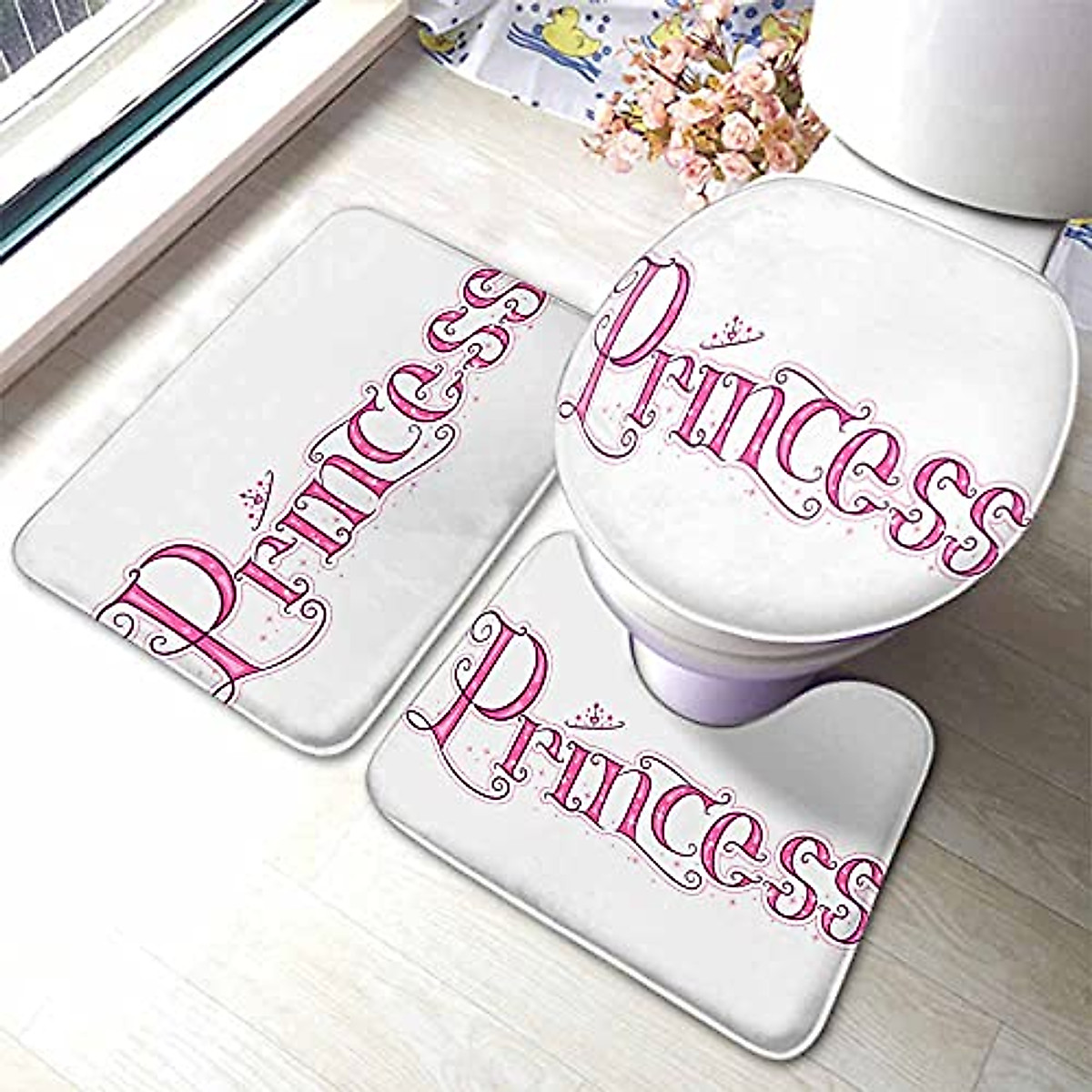 AOYEGO The Word Princess 3 Pieces Bathroom Rugs Set Text Featuring Clip Art Typography Aristocracy Crown Non Slip 23.6X15.7 Inch Soft Absorbent Polyester for Tub Shower Toilet