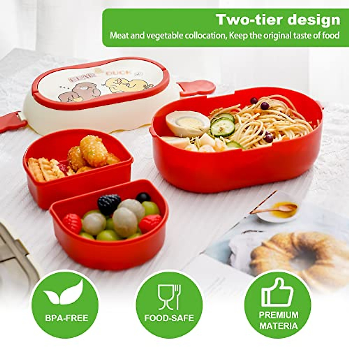PUOENFGR Bento Lunch Box,Large Capacity Double Layer stacking with Handle with Adults,Microwave Can Be Used,Comes with Three-Piece Cutlery Set,BPA-Free,Great for Camping,Work(Moe Force Brown)