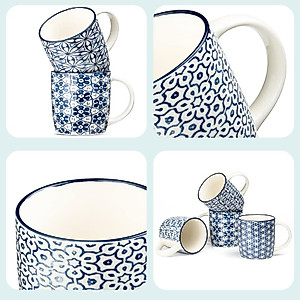 Set of 4 12 oz Coffee Mugs with Blue and White Geometric Patterns, Ceramic Tea Cup Set, Gift for Friends (Set 1)