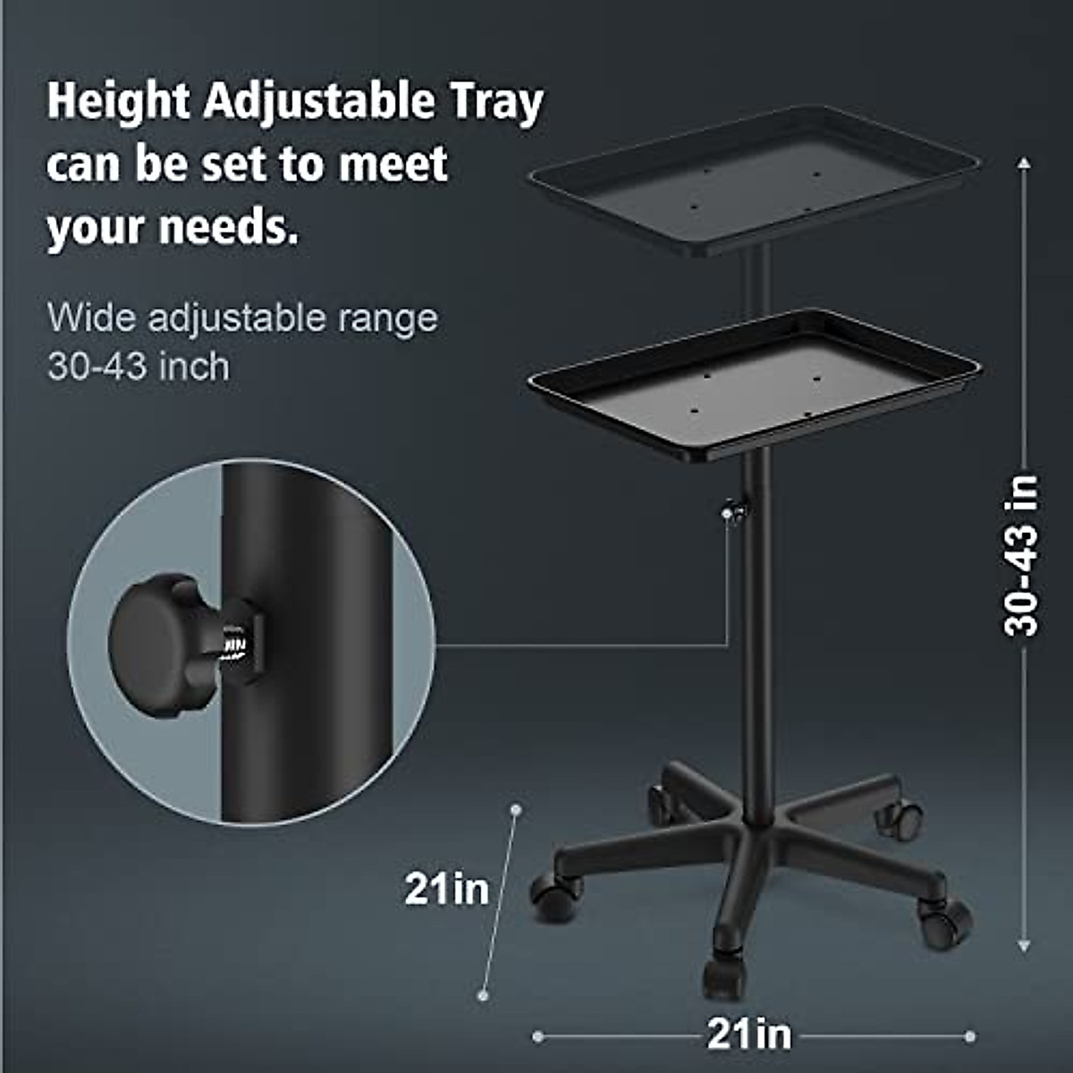 Salon Tray Cart, Premium Aluminum Rolling Trolley Cart with Wheels & Adjustable Height, W/Accessory Caddy Aluminum Mobile Utility Trolley Tool Holder