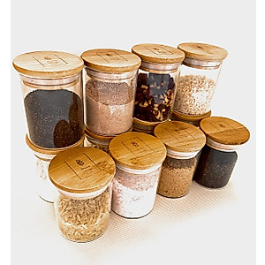 DurenDesign Glass Jar Set with Bamboo Lids, 6oz Clear Glass Food Storage and Kitchen Organization 12 Jar Set with Bamboo Lids
