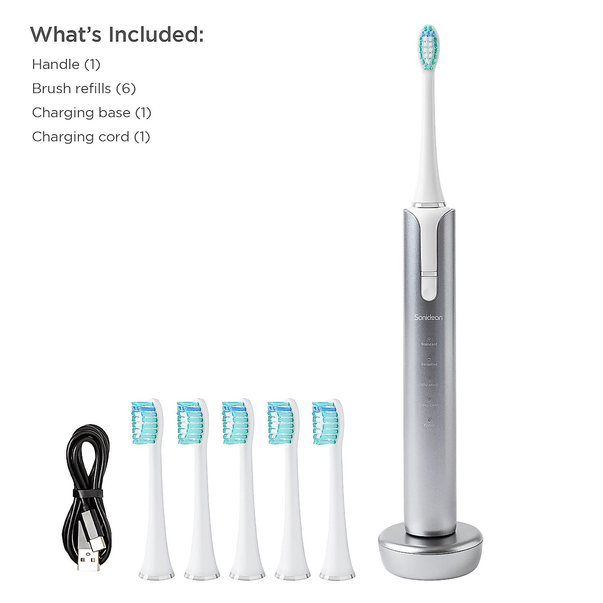 Soniclean Lux Sonic Toothbrush for Adults with 6 Toothbrush Heads, Rechargeable Toothbrush, Automatic Toothbrush, Sonic Toothbrush with Refills, Platinum