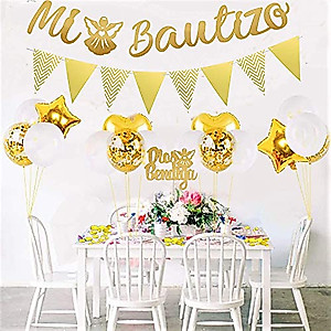 SHL Gold Glitter Mi Bautizo Party Decorations set with Glitter God Bless Cake Topper Triangle Flag Mi Bautizo Banner Balloons for Baby Baptism First Communion Baby Shower Party Decorations