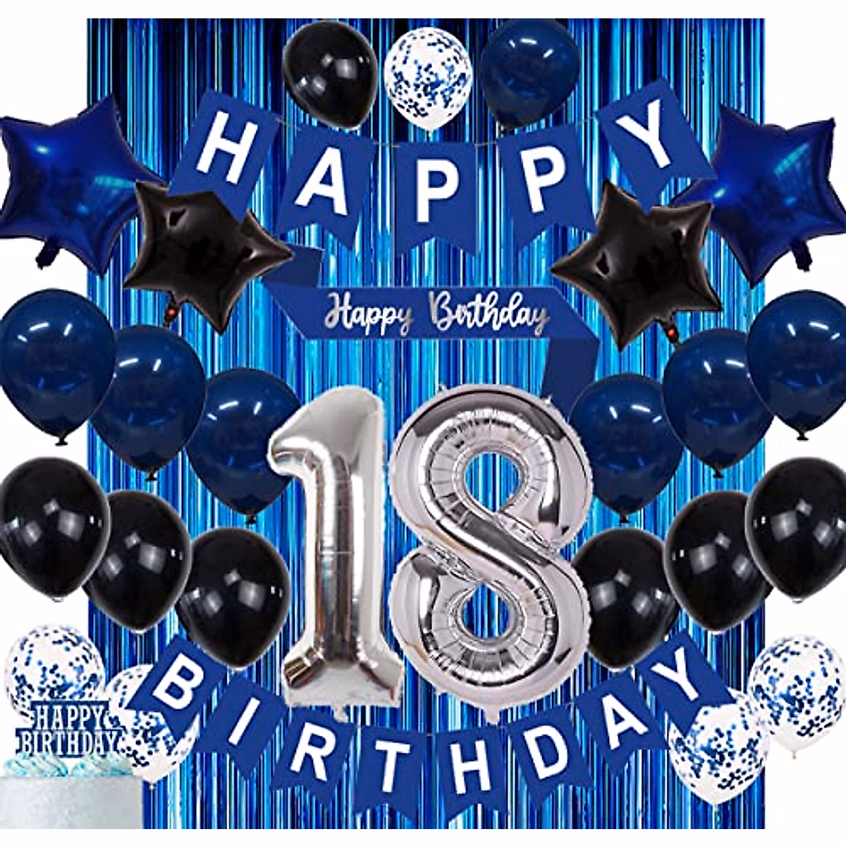 Navy Blue 18th Birthday Decorations for Boys Girls - Navy Blue and Black Silver Birthday Party Supplies Include Blue Happy Birthday Banner, Sash, Balloons and Background Curtain for 18th Birthday Party decorations (18th)