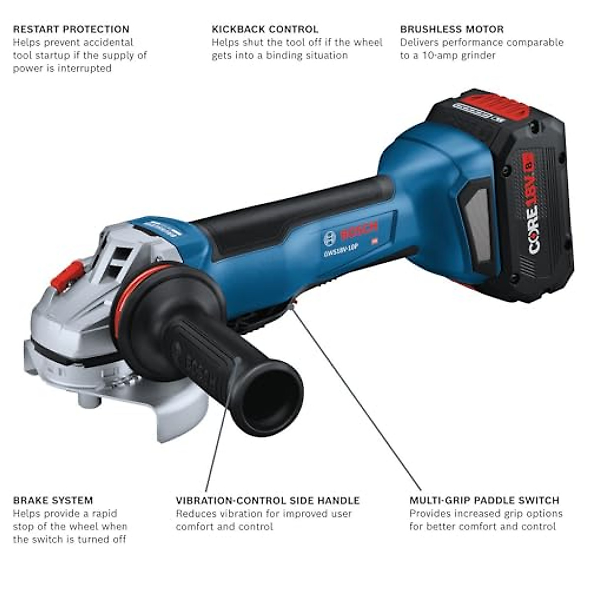 BOSCH GWS18V-10PB14 18V Brushless 4-1/2 – 5 In. Angle Grinder Kit with Paddle Switch and (1) CORE18V® 8 Ah High Power Battery