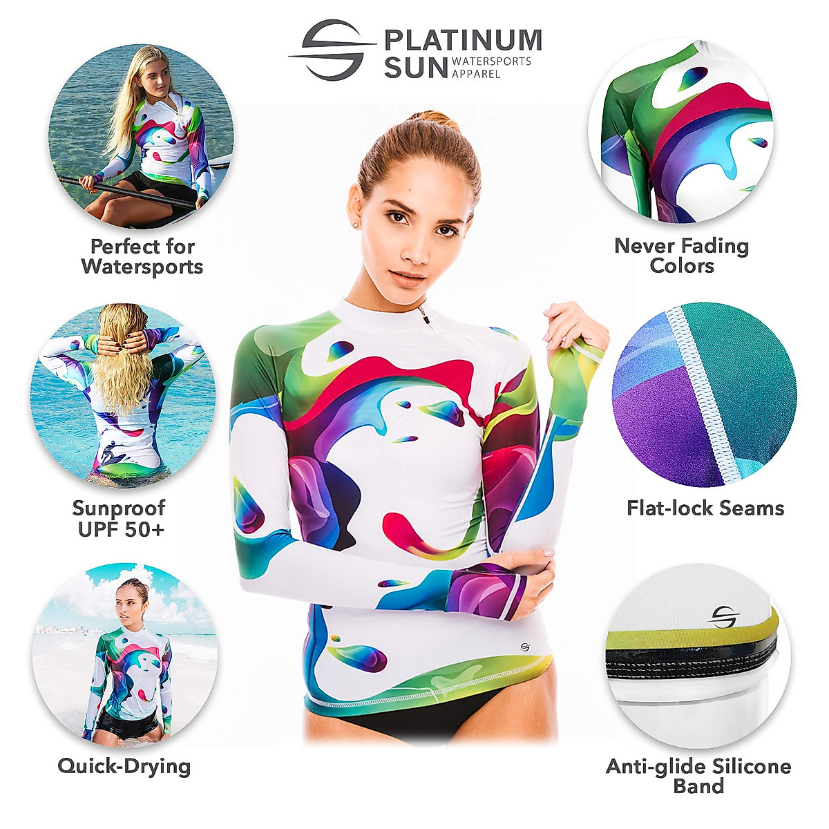 Platinum Sun Rash Guard for Women UPF 50+ SPF & UV Protection Clothing Long Sleeve Top Swim Shirt with Zipper Hiking (Rainbow 50, M)