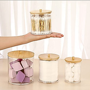 Hipiwe 4 Pack Acrylic Qtip Holder Dispenser with Lid Clear Plastic Apothecary Jar Set Large Bathroom Canister Storage Organizer for Cotton Swab and Ball, Cotton Round Pads, Floss (30+18+16+8 Oz)