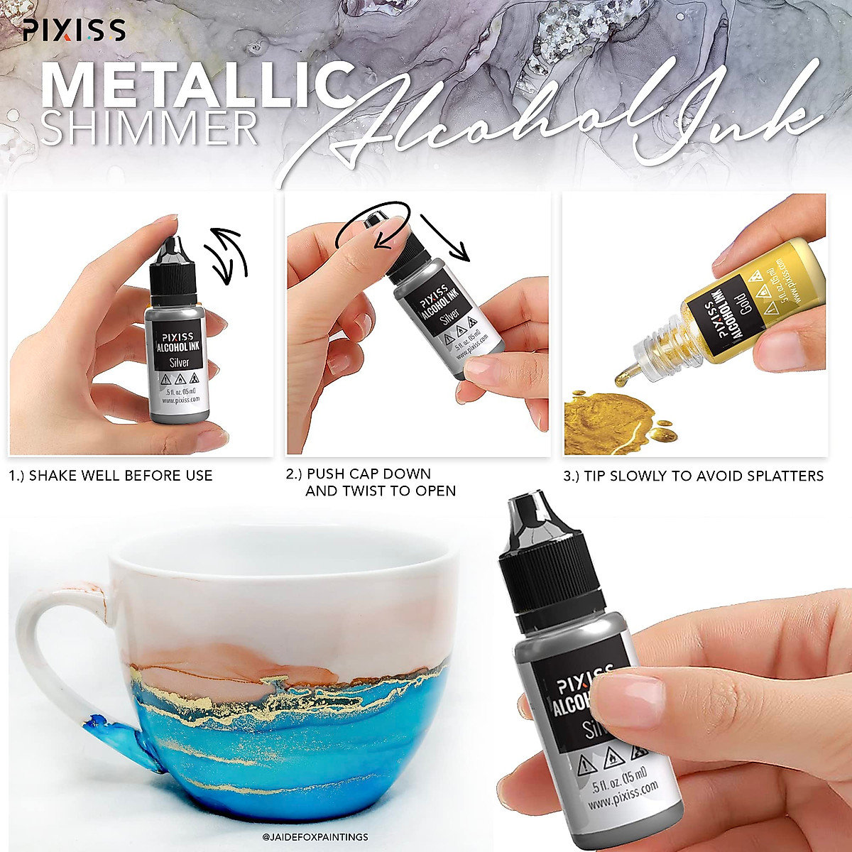 Metallic Alcohol Ink Set - 5 Metal Color Alcohol-Based Inks for Epoxy Resin Art - Concentrated Shimmer Alcohol Paint Color Dye for Resin - 4 Ounce White Alcohol Ink - Pixiss Alcohol Ink Blower