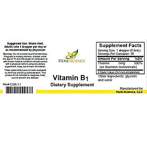 Herb-Science Liquid Vitamin B1 Drops - Daily Thiamine Supplement to Support Digestion, Nervous System, Heart Health, Stress Relief, Natural Energy Booster - 500% DV, 36 Servings per Bottle - 1 fl. oz.