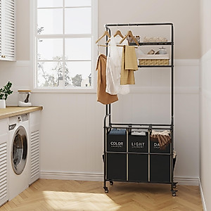 Gewudraw Laundry Sorter Cart with Hanging Rack, 3 Section Laundry Hamper Basket Butler Cart with 2 Tier Shelf, Rolling Lockable Wheels