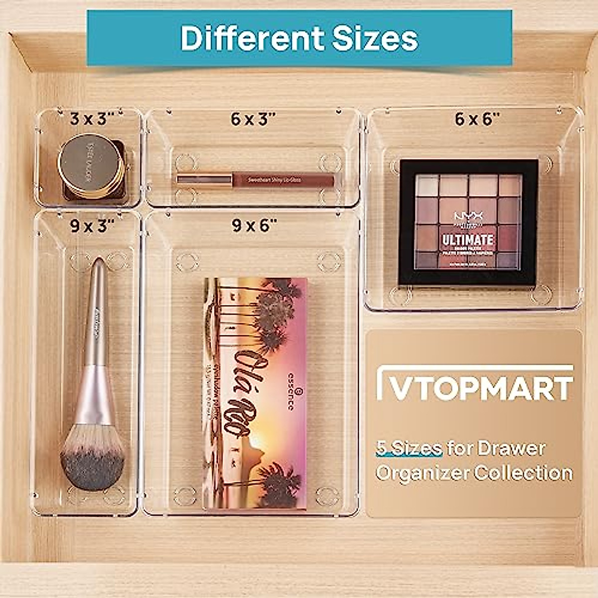 Vtopmart 44 PCS Clear Plastic Drawer Organizers Set, 4-Size Versatile Bathroom and Vanity Drawer Organizer Trays, Non-Slip Storage Containers for Makeup, Jewelries, Bedroom，Kitchen Utensils and Office