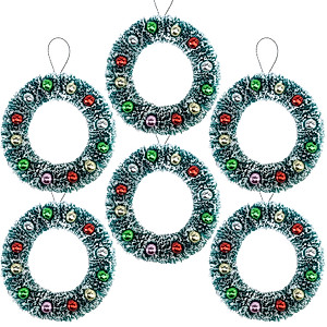 Winlyn 6 Pcs Frosted Teal Miniature Decorated Frosted Sisal Christmas Wreath Bottle Brush Wreaths 4.7" Wide for Winter Christmas Tree Hanging Ornaments Festive Celebration Supplies Holiday Crafts