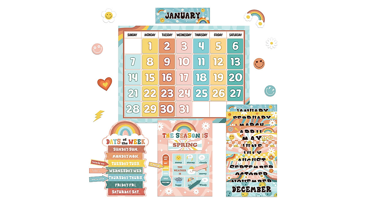 62Pcs Retro Classroom Decor: Bulletin Board Calendar & Charts