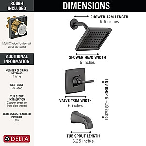 Delta Faucet Geist 14 Series Tub and Shower Trim Kit, Black Shower Faucet with Single-Spray Matte Black Shower Head, Shower Faucet Set Complete, Matte Black 144864-BL (Valve Included)