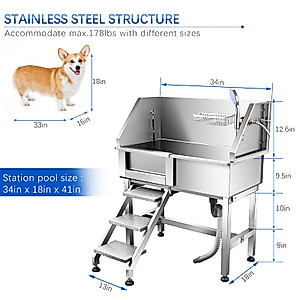 ARTYUIO 34'' Pet Grooming Tub Dog Washing Station for Small Dogs Pet Bathtub Stainless Steel Dog Bathing Tub Wash Sink Shower Station with Retrackable Stairs, Sliding Door,Home Commercial