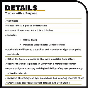 Diecast Masters Caterpillar CT660 Day Cab Tractor w/McNeilus Concrete Mixer | Transport Series Cat Trucks & Construction Equipment | 1:50 Scale Model Diecast Collectible Model 85664