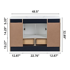 Spring Mill Cabinets Emlyn 48 Inch Bathroom Vanity with White Single Sink Top, 3 Cabinets, 2 Shelves, 2 Drawers, 48.5" W x 18.75" D x 32.89" H, Deep Blue