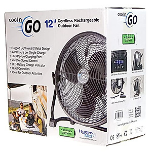 HydroMist 12" Cool n Go Cordless Rechargeable Outdoor Fan, Ultra-portable and Rechargeable Battery-Powered Fan, USB Charging Port, Outdoor-Rated, Black