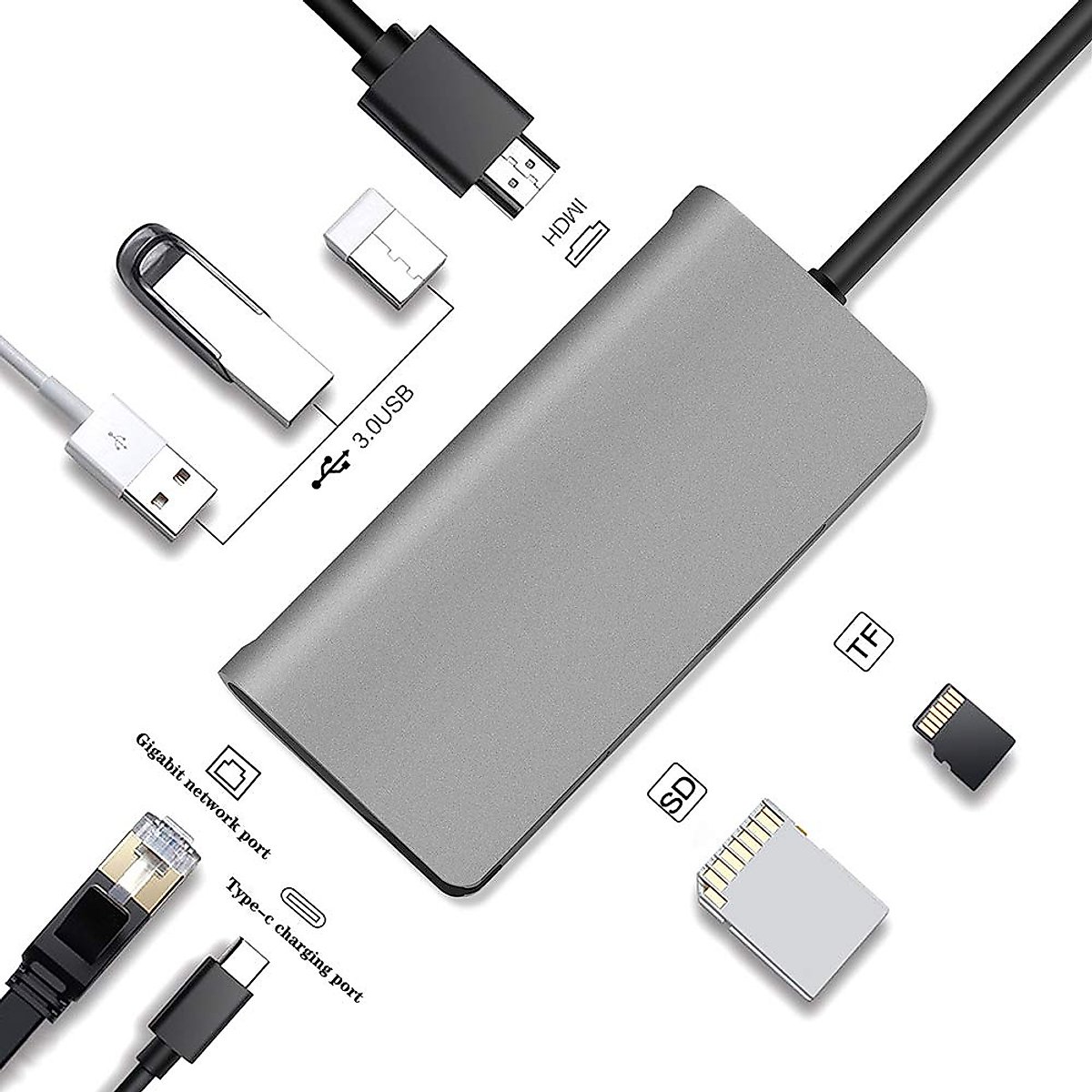 XUNMAIFHB Portable Docking Station,Type-C 8-in-1 Docking Station usb3.0 hub Computer HDMI Converter HDMI 4k, USB 3.0, SD/TF, Type-c, RJ45 Fast Transmission