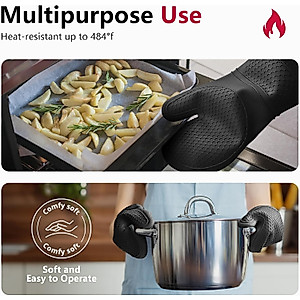 Extra Long Silicone Oven Mitts, Heat and Slip Resistant Oven Mitts with Soft Cotton Lining Non-Slip Textured Grip, Long Flexible Thick Gloves for BBQ, Baking, Cooking, 12.59 inches, Black