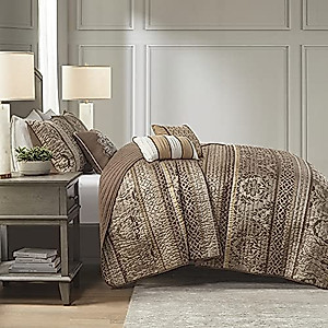 Madison Park Quilt Traditional Damask Design All Season, Lightweight Coverlet Bedspread Bedding Set, Matching Shams, Pillows, King/Cal King(104"x94"), Bellagio, Jacquard Brown/Gold 6 Piece (MP13-369)