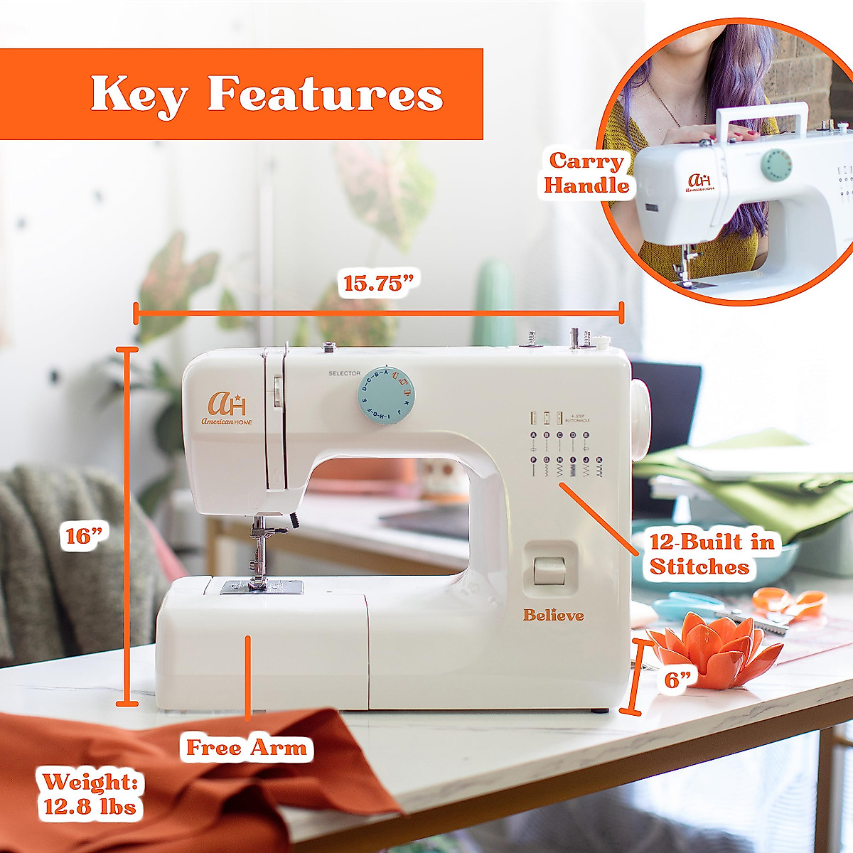 The Believe Beginner Sewing Machine by American Home Makes Sewing for Beginners Easy on Portable Small Sewing Machine with 12 Built-In Stitches, Automatic Stitch Control Plus Fun Decals, AH600