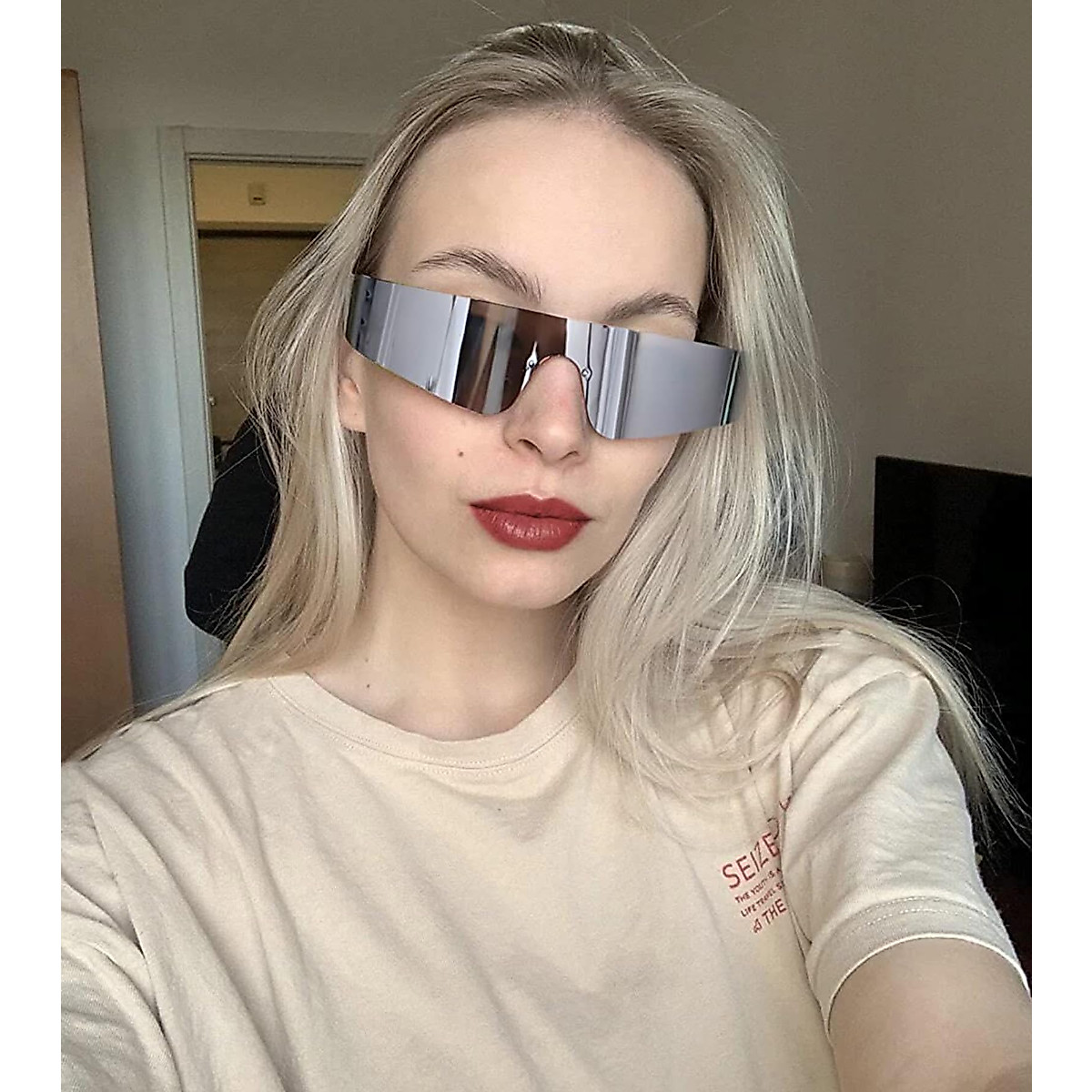 NULOOQ Y2K Rimless Futuristic Wrap Around Sunglasses Women Men, Trendy Cyberpunk Visor Sunglasses Monoblock Cyclops Shades (Black/Gray + Silver/Silver Mirrored) - 2 Pack