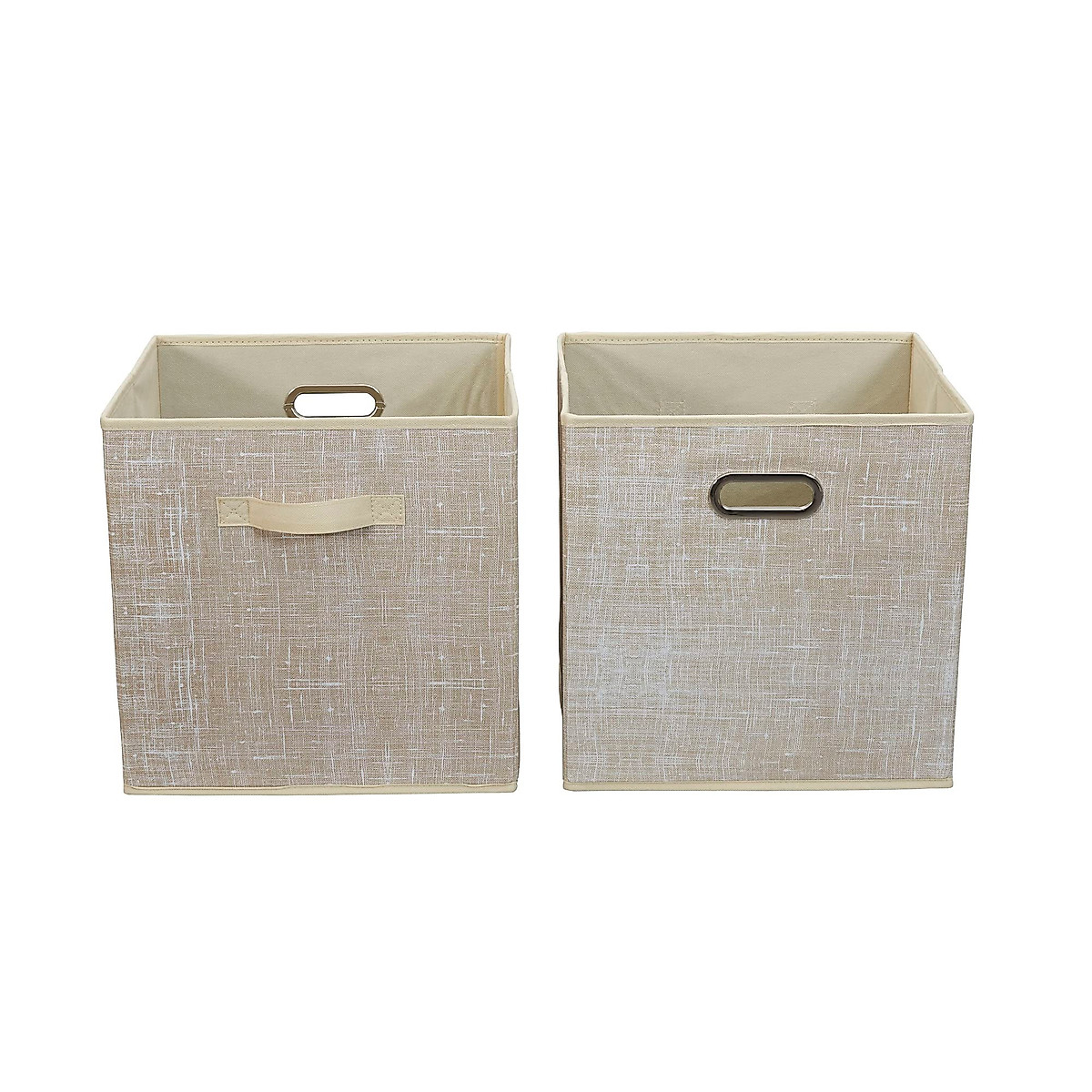 Household Essentials Fabric Storage Bins 2 Piece Set, Strong Poly-Woven Fabric, Sturdy Chipboard Sides, Grommet Front Handle, Stackable and Foldable, Classic Design, Tan Mix