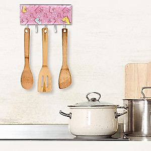 Cute Pink Unicorn Eatting Ice Cream Pattern Rack Organizer with 5 Hooks Wall Bathroom Kitchen Shelf Rack Multifunctional Storage Shelf