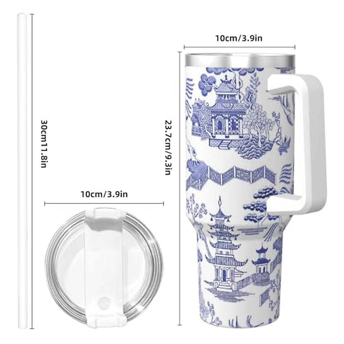 Xiexide 40oz Rustproof Hiking Tower Spring Chinese Folk Chinoiserie Style Double Walled Vacuum Insulatedith Handle And Straw,Hot & Cold Drinks