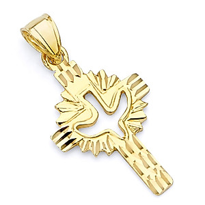 Wellingsale 14K Yellow Gold Polished Diamond Cut Ornate Religious Christian Cross with Holy Spirit Dove Pendant
