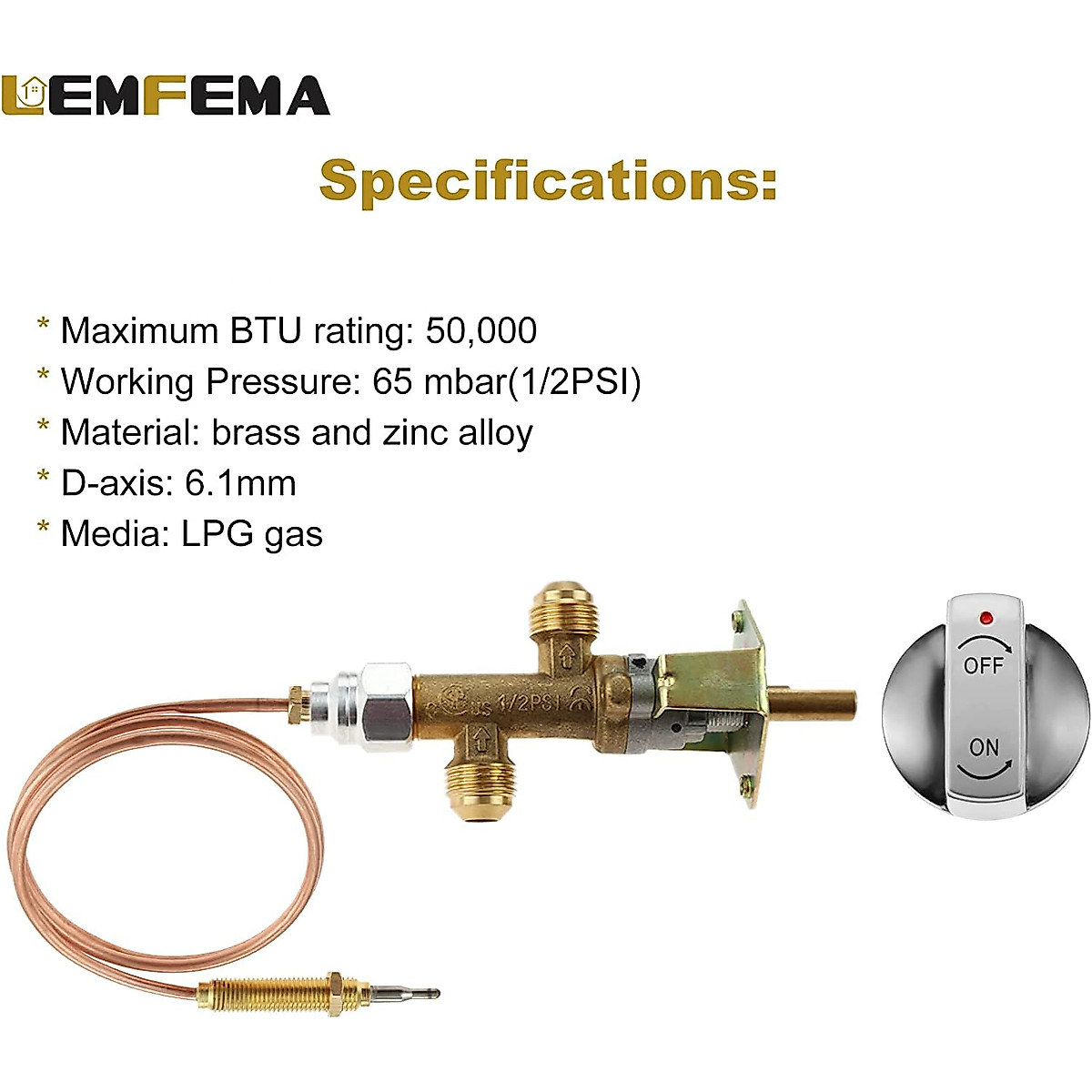 Lemfema Low Pressure LPG Propane Gas Fireplace Fire Pit Flame Failure Safety Control Valve with Thermocouple Knob Switch Kit with 5/8”-18UNF(3/8" Flare Inlet & Outlet) for Propane Fire Pit, Fireplace