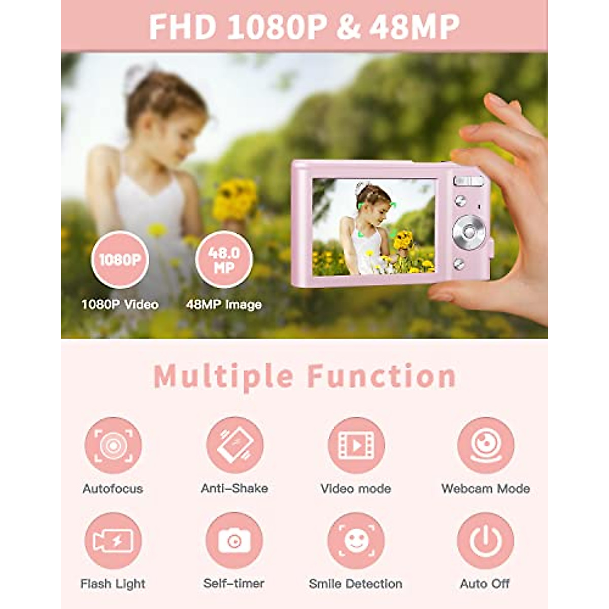 Digital Camera, Zostuic Autofocus 48MP Kids Camera with 32 GB Card Vlogging Camera with 16X Zoom, 1080P Compact Portable Mini Cameras for 4-15 Year Old Kid Children Teen Student Girls Boys(Pink)