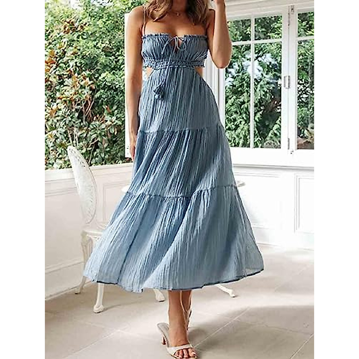 Women Y2k Bodycon Long Dress Spaghetti Strap Low Cut Dress Sexy Backless High Split Maxi Dress Clubwear Z-Blue