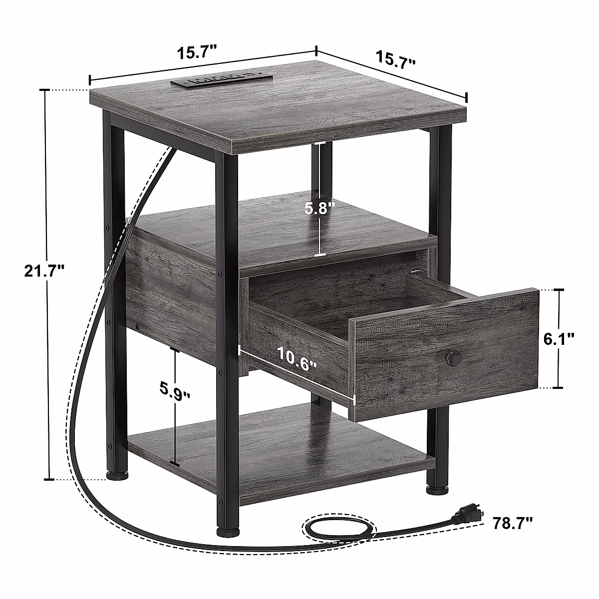 Ecoprsio Nightstand Set of 2, Nightstands with Charging Station, End Table Bedside Table with USB Port, Modern Nightstands with Drawers Storage Shelf, Wood Night Stands for Bedroom, Living Room, Grey