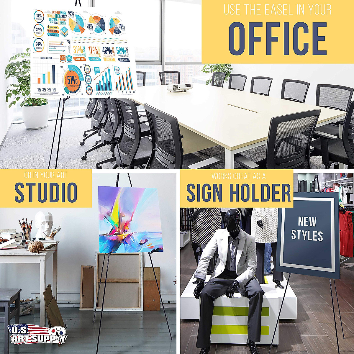 U.S. Art Supply 63" High Steel Easy Folding Display Easel - Quick Set-Up, Instantly Collapses, Adjustable Height Display Holders - Portable Tripod Stand, Presentations, Signs, Posters, Holds 5 lbs