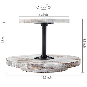 MyGift 2 Tier Lazy Susan Dessert Display Stand - Shabby White Washed Solid Wood and Industrial Matte Black Metal Pipe 360 Degree Rotating Cupcake Riser Tray