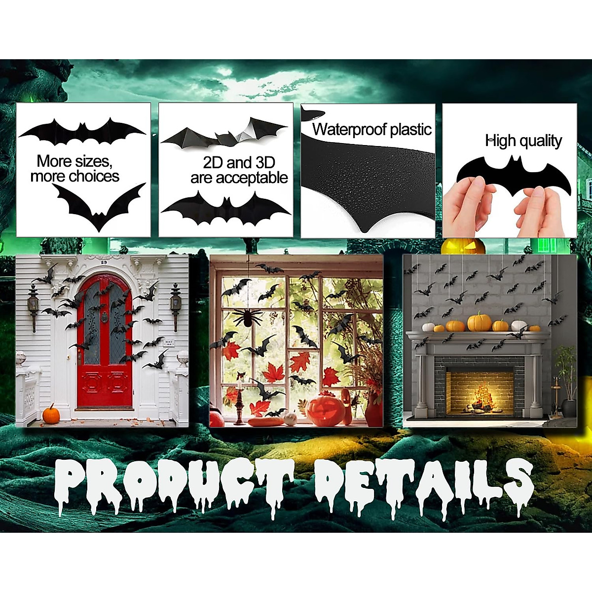 111 PCS Halloween Bats Decorations Indoor Outdoor Wall Stickers | 8 Different Sizes 3D Wall Decals Halloween Spooky Home Goth Emo Room Party Decor